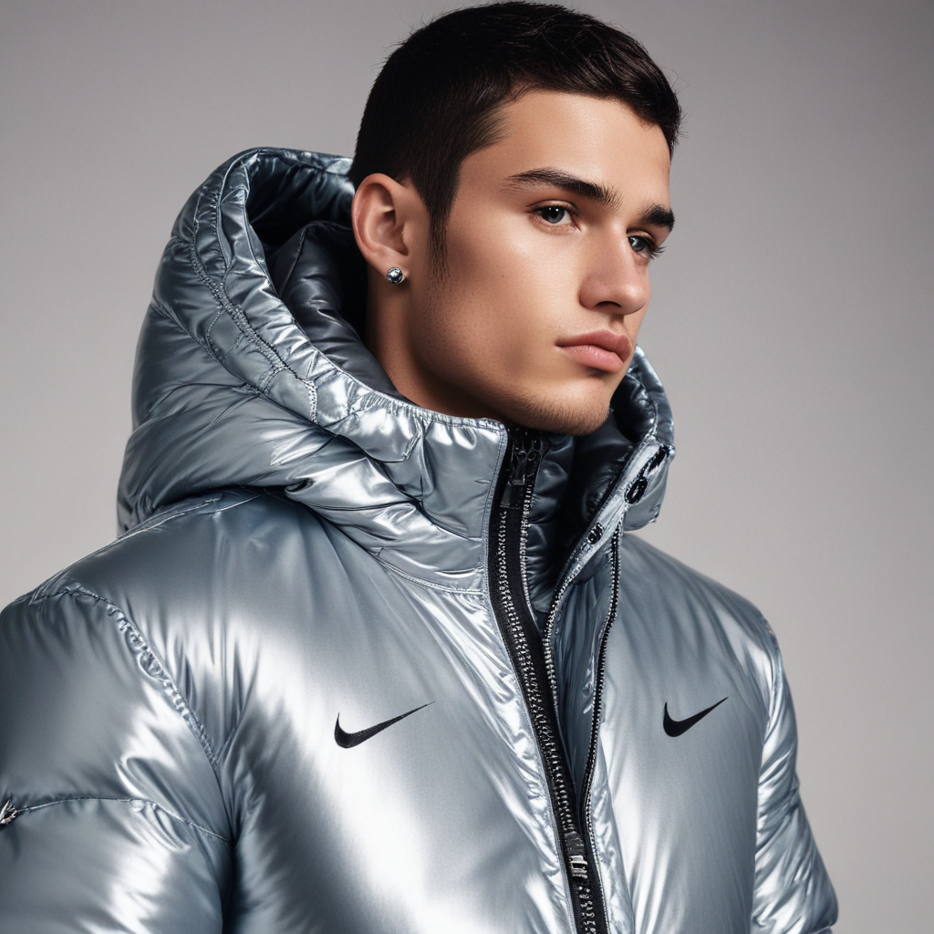 Male supermodel nike shiny puffer jacket bling jewellery hood