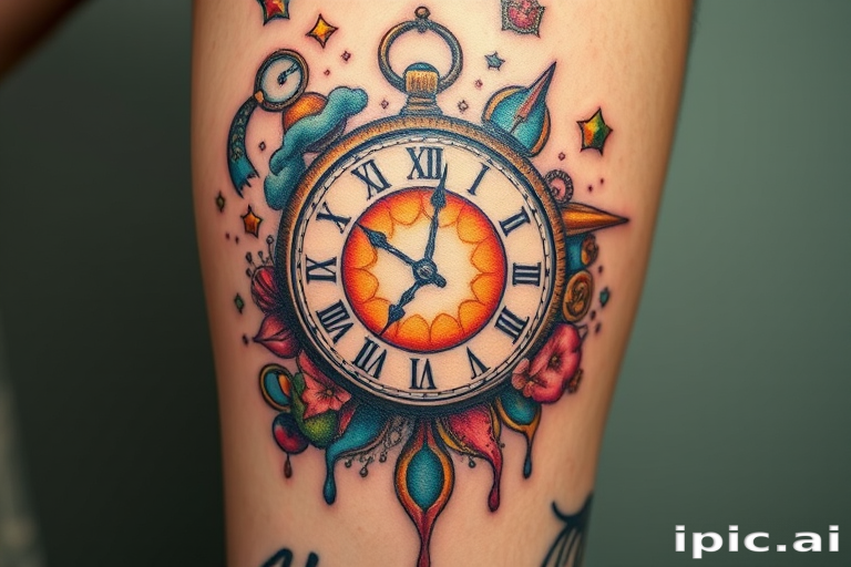 Colorful Tattoo Featuring a Vintage Pocket Watch Surrounded by Floral ...