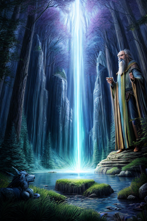 Legendary wizard and magical creature (fantasy scene)