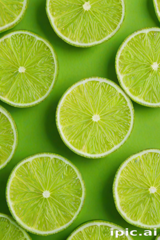 Vibrant Green Lime Slices Arranged on a Bright Green Background