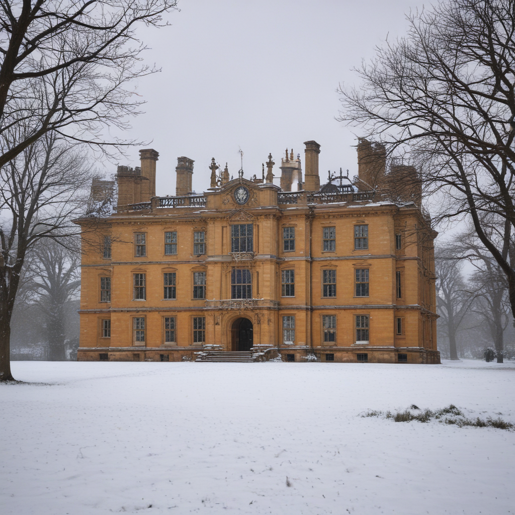 wollaton hall seen up close, winter, snowing
