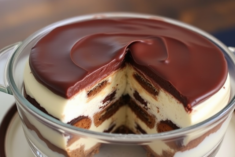Delicious Layered Chocolate Dessert with Cream and Cookie Crust Inside