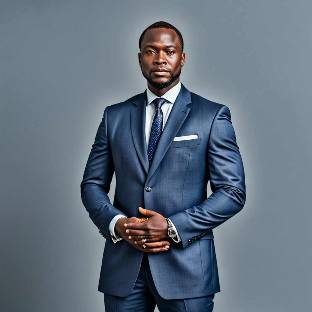 very large, big, african business man, in business suit, standing with ...