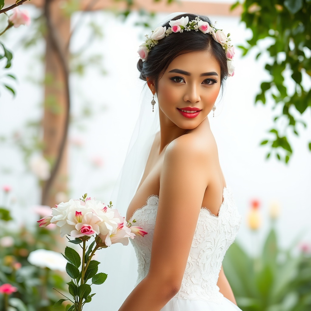 A Beautiful Bride Smiling Gracefully Amidst Lush Floral Garden ...
