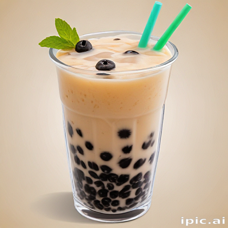 A Refreshing Glass of Creamy Bubble Tea with Tapioca Pearls and Mint.