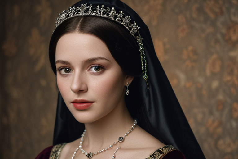 realistic and powerful photo of queen Anne Boleyn in real life, dark ...