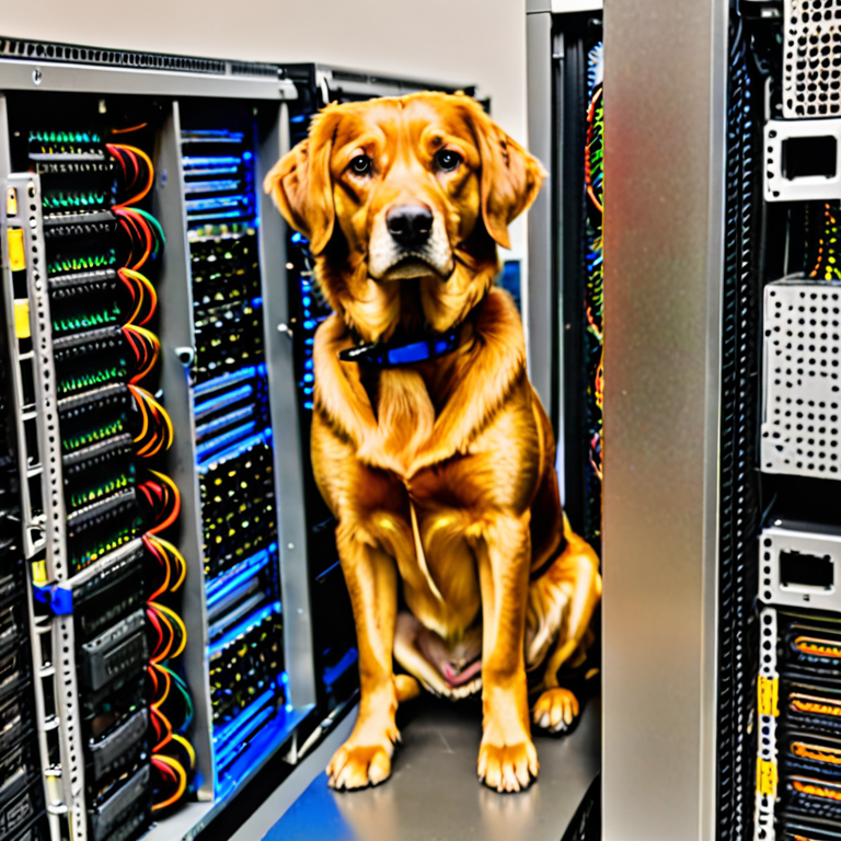 datacenter, hovawart tie dog, macbook pro, servers and cables