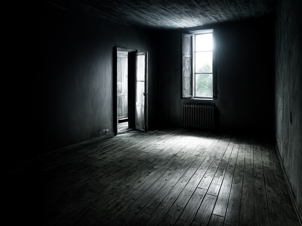 house without light, dark environment, room
