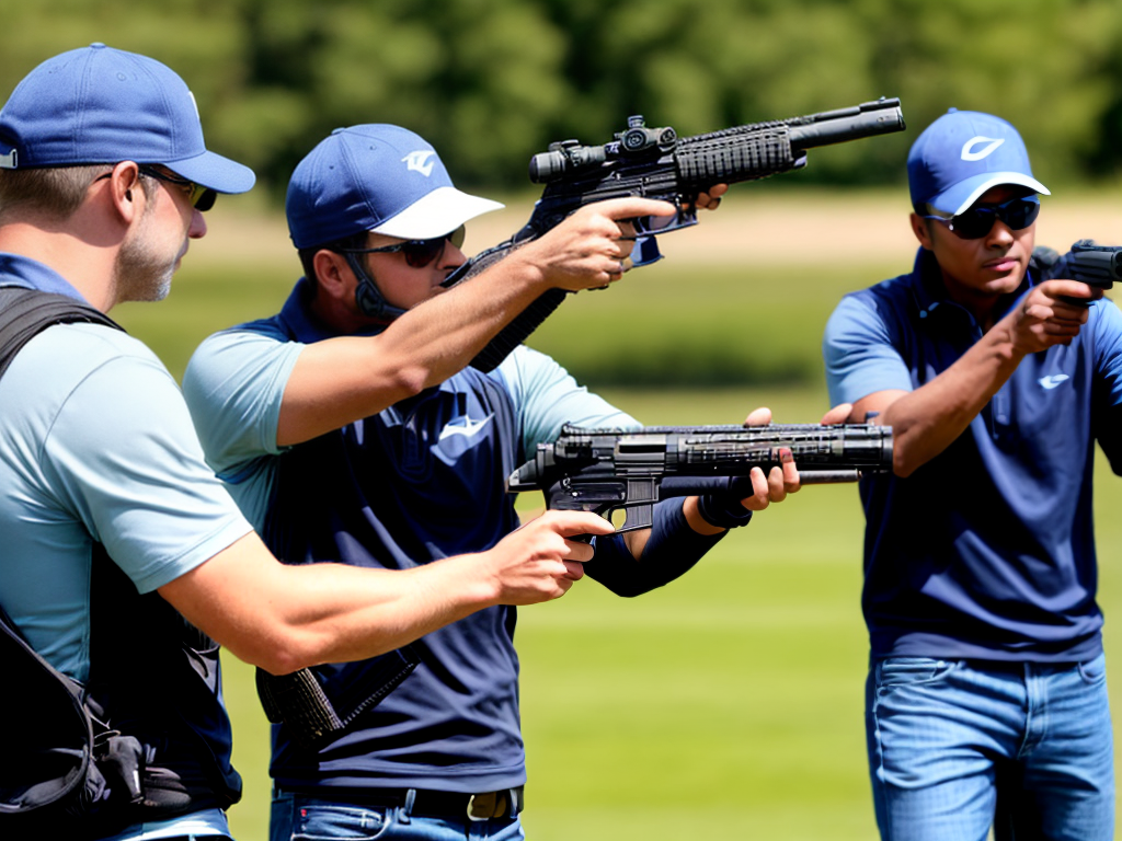 a man with a gun aiming and shooting two men with cap back face at ...