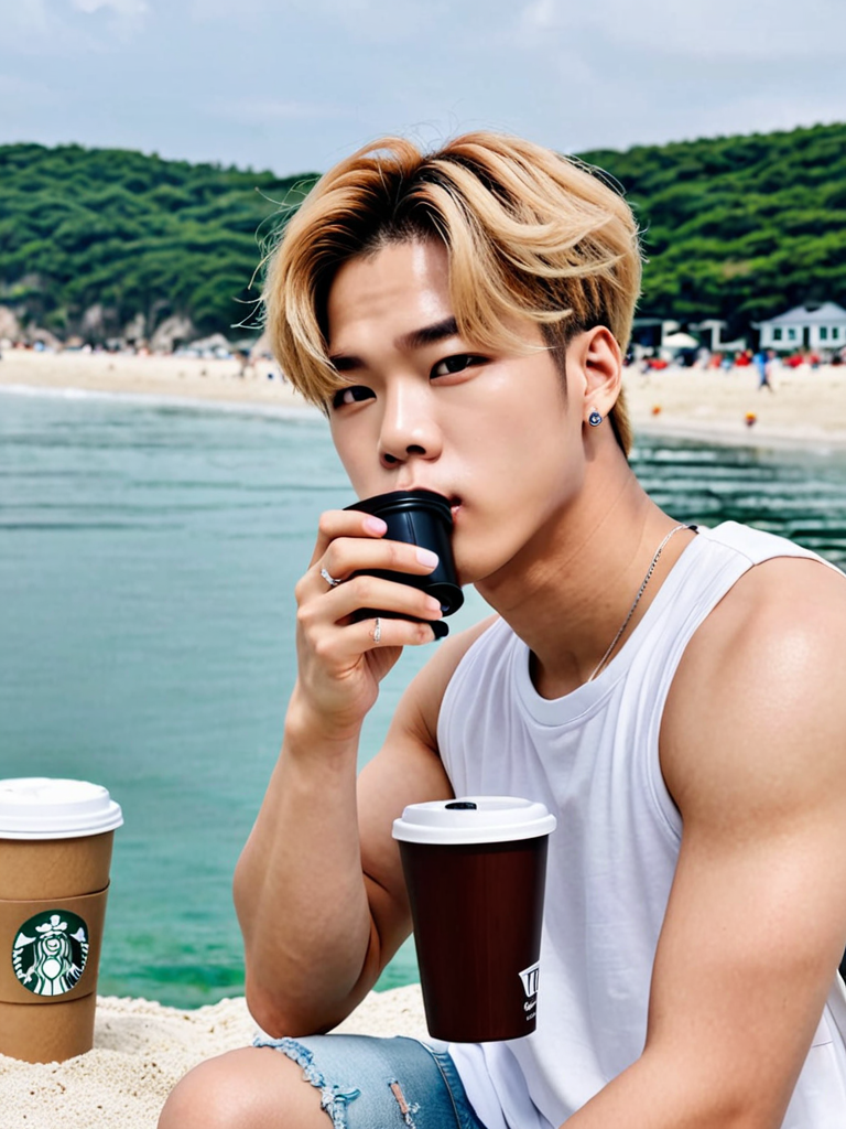 Jimin a member from BTS band with blonde hair and drinking a cup of ...