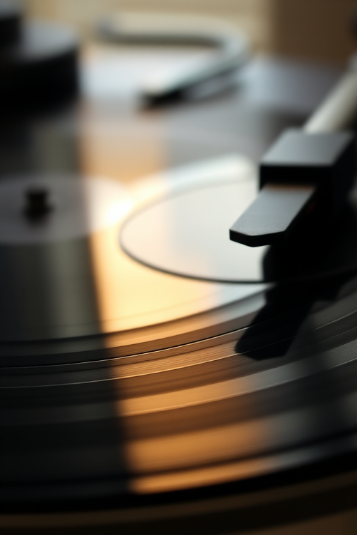 Close-Up of a Vintage Turntable with Sunlight Reflecting on Vinyl