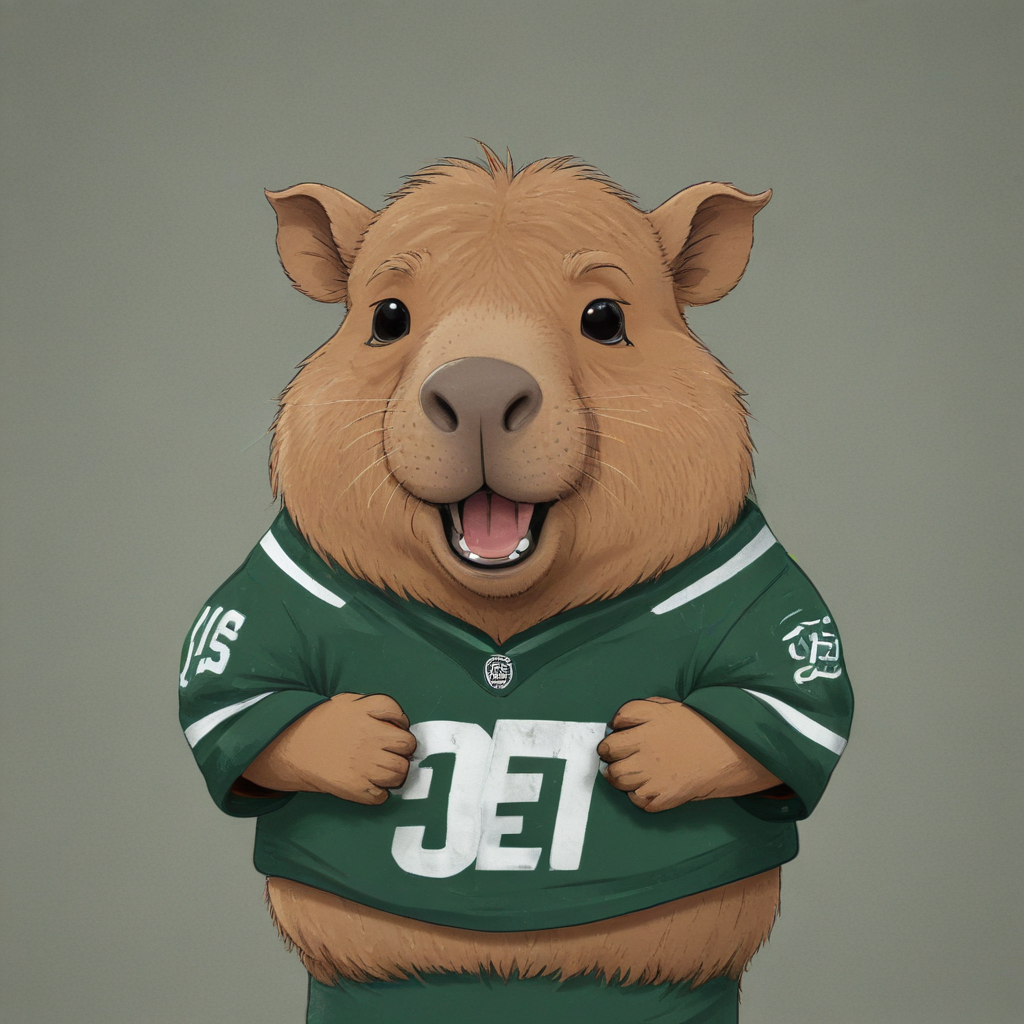 Crying cartoon capybara with a New York Jets jersey on