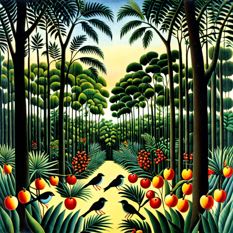 luxuriant dreamy tropical forest with birds and fruit henri rousseau