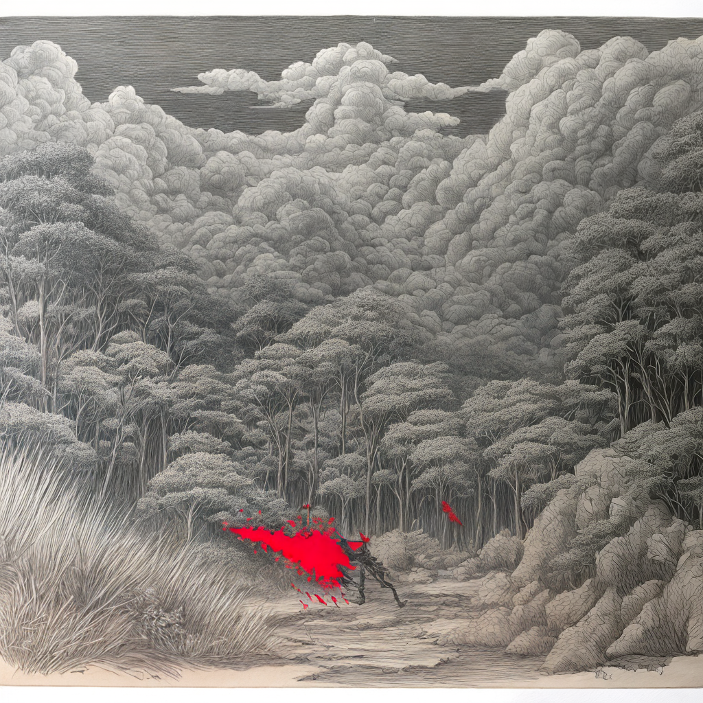 Ninjas fighting in the forest, in clouds, smoke, flames, red, pen ...