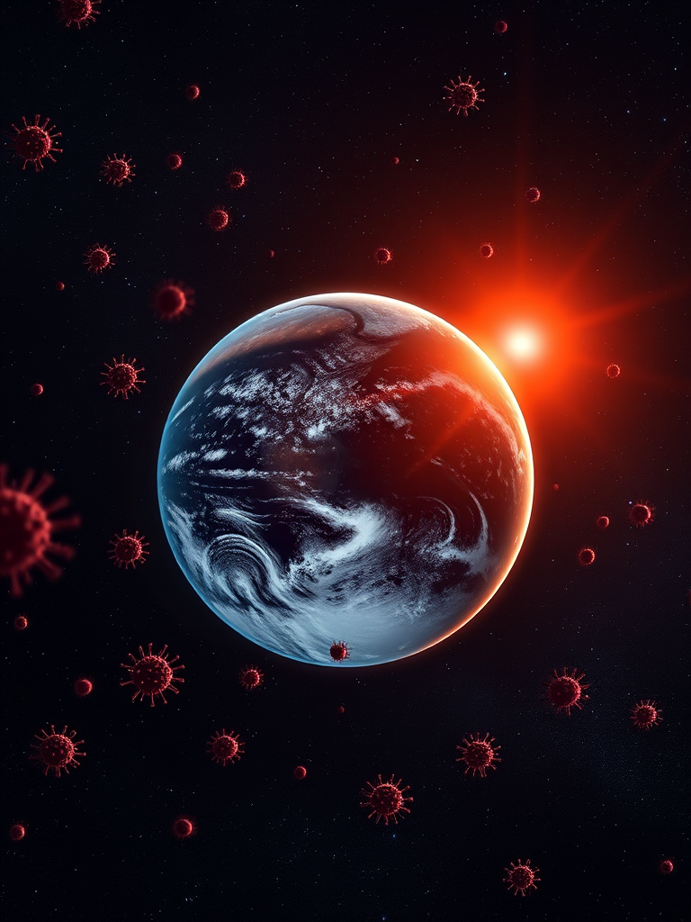 Earth Surrounded by Viruses with a Bright Sunlit Background in Space