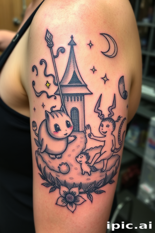 Whimsical Fantasy Tattoo Featuring Enchanted Creatures and a Magical Castle