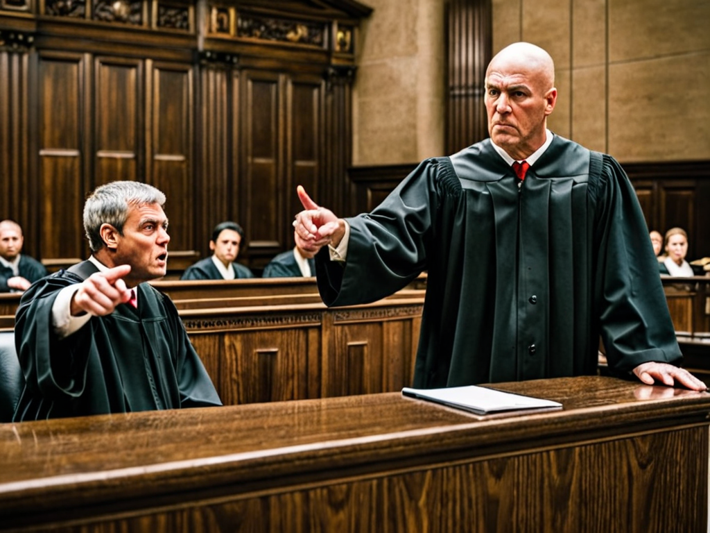 Two men standing before the judge at the court. The right sided man is ...