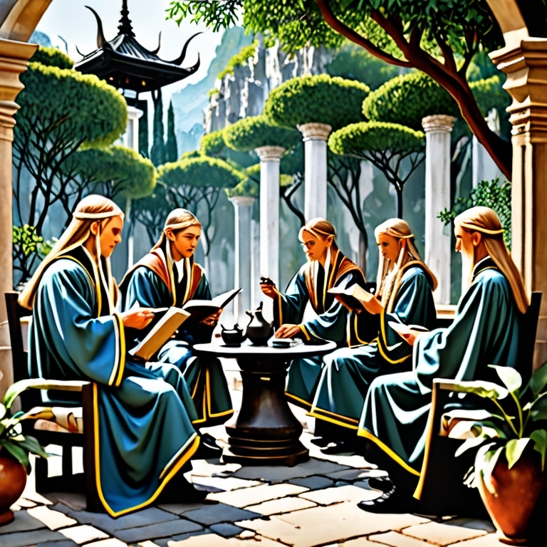 a group of high elves reading books and enjoying tea by a fire || the ...