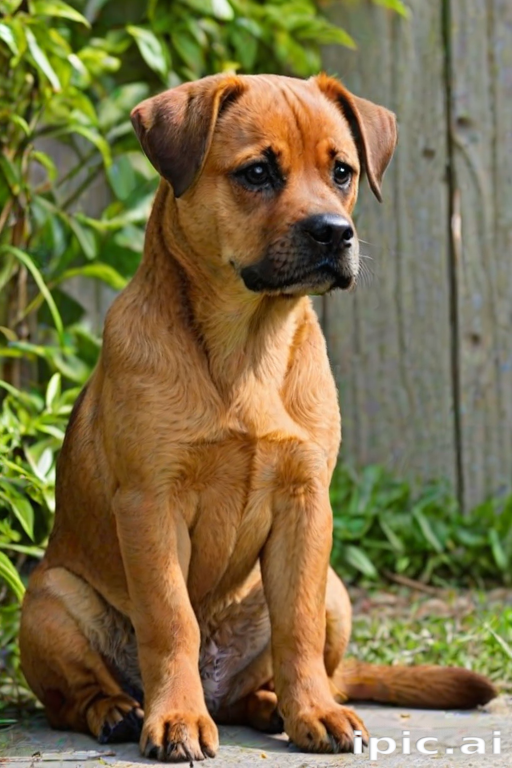 A Thoughtful Brown Dog Sitting Calmly in a Lush Green Garden.