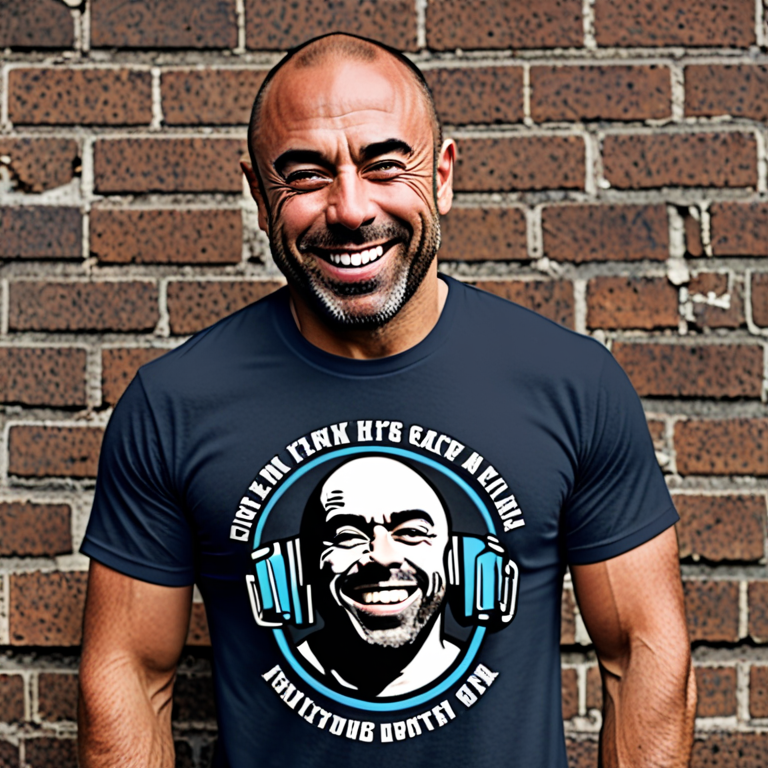 panoramic view of a T-shirt with Joe Rogan's iconic grin printed on it.