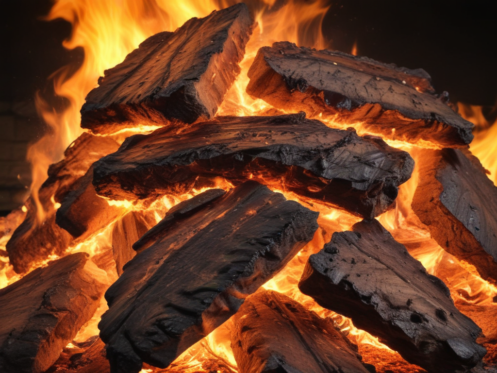 An Intense Blaze of Flames Dancing Around Stacked Charred Wooden Logs