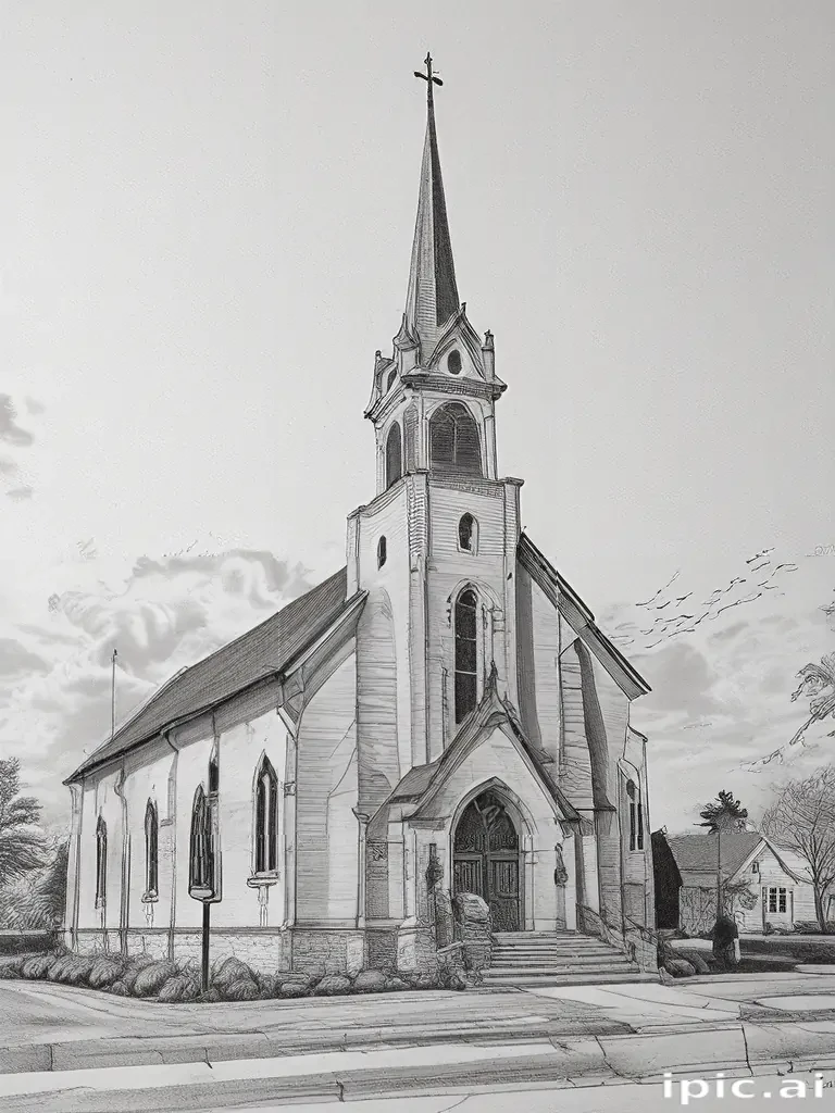 A Beautifully Detailed Sketch of a Traditional Church with Steeple