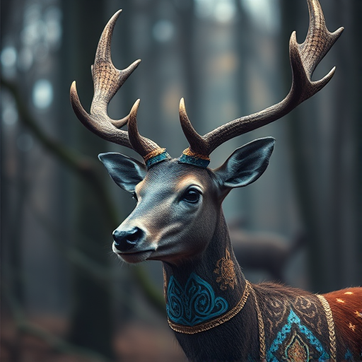 A Majestic Deer with Intricate Patterns Stands Gracefully in a Misty Forest
