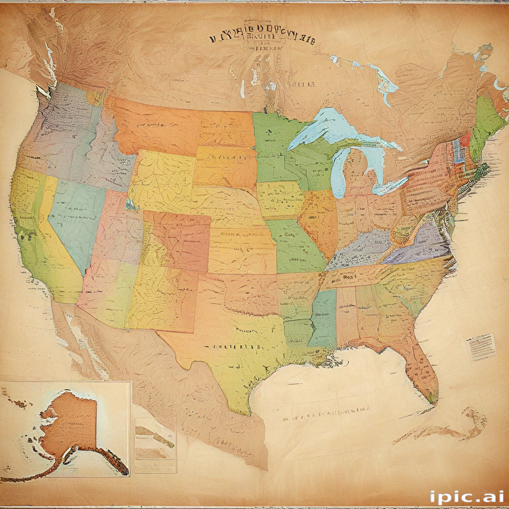 Colorful Historical Map of the United States with State Boundaries and ...