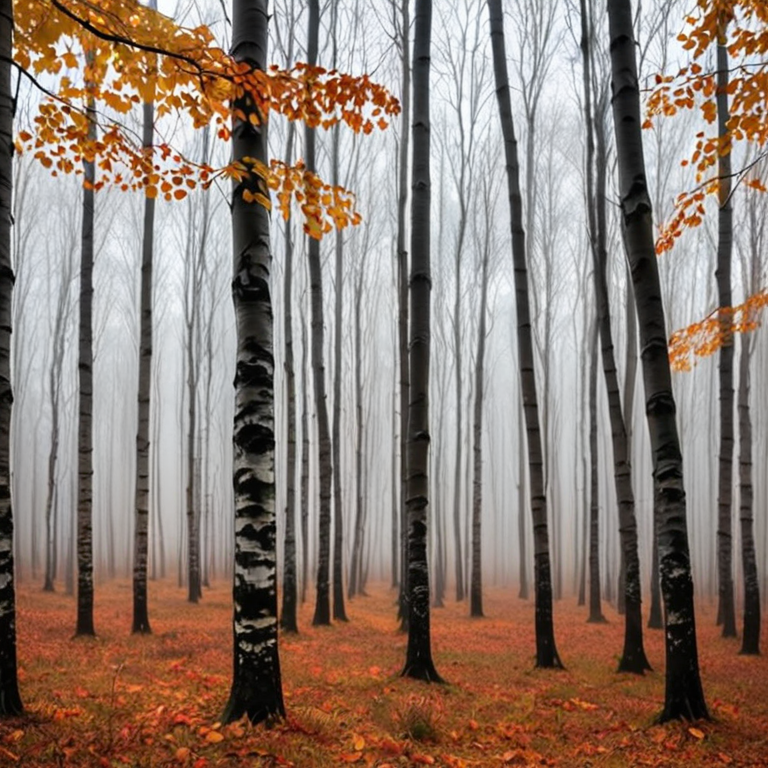 Dark fiery shades of dusk hang over an endless birch forest shrouded in ...