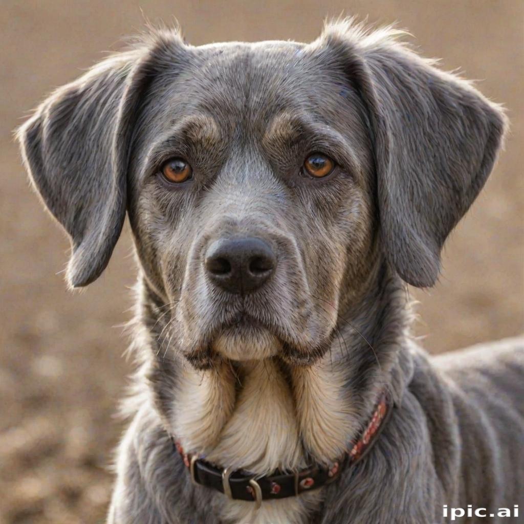 A Beautiful Gray Dog with Expressive Eyes Posing Outdoors in Natural Light.