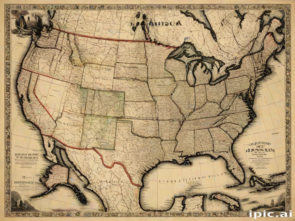 Historical Map of the United States Highlighting Major Regions and ...