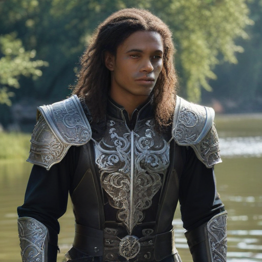 Black Male Elf in filigree armor with long hair by a river