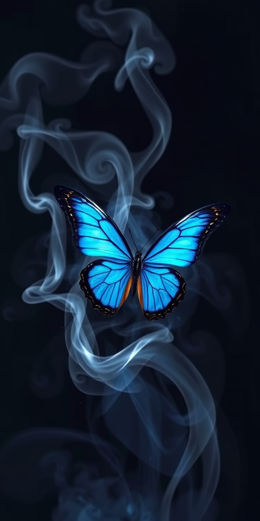 Majestic Blue Butterfly Gliding Gracefully Through Ethereal Swirls of Smoke