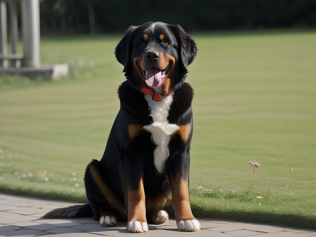 A Happy Bernese Mountain Dog Sitting Proudly on a Sunny Day.