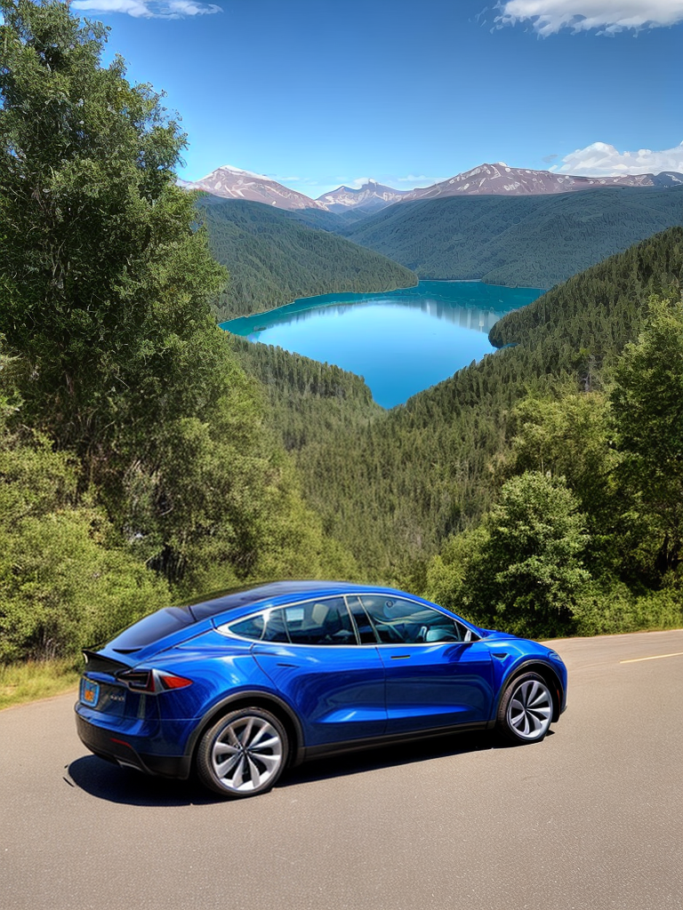 metallic blue tesla model y 2023 parked near a pristine mountain lake