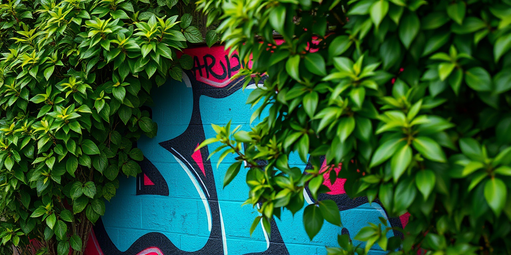 Vibrant Urban Graffiti Hidden Behind Lush Green Foliage and Leaves