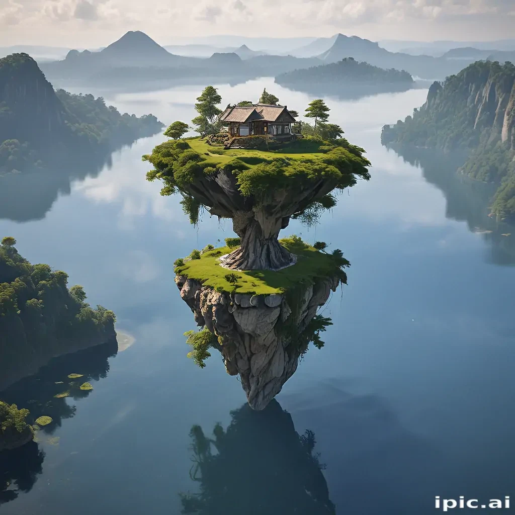Serene Floating Island Home Surrounded by Majestic Mountains and ...