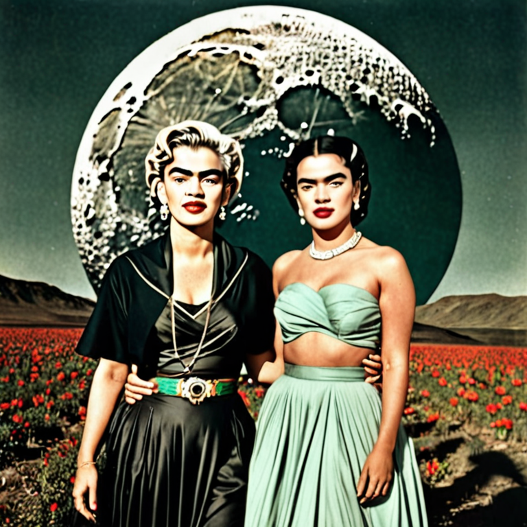 frida kahlo walking in a moon with marilyn monroe