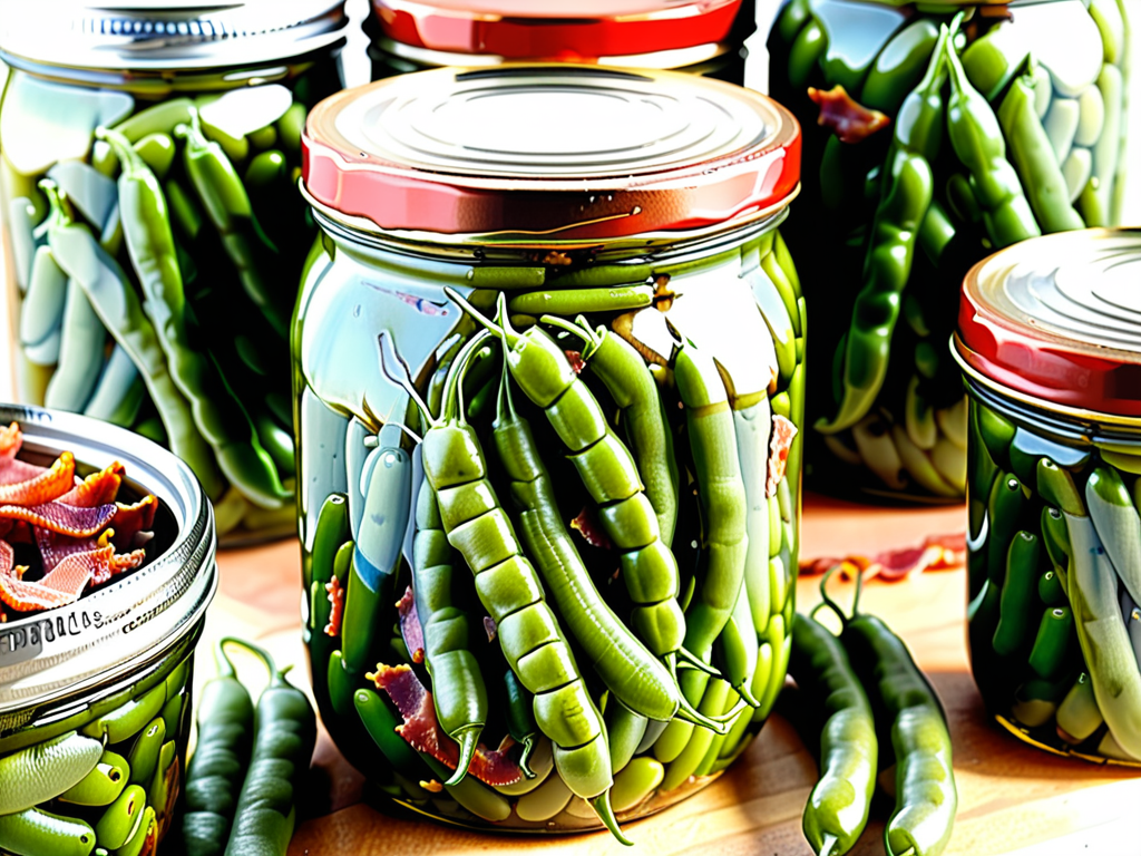 Homemade Canned Green Beans in Jars Ready for Winter Storage