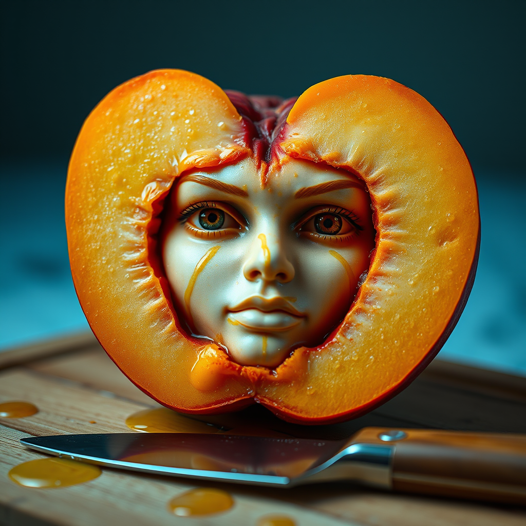 An Intriguing Fusion of Fruit and Face: A Surreal Peach Sculpture