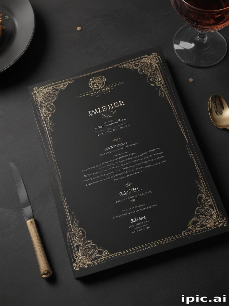 Elegant Black Menu Design Featuring Intricate Gold Flourishes and Fine ...