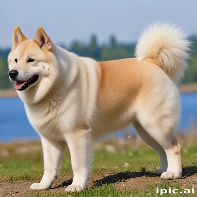 A Beautiful Akita Dog Standing Proudly by a Serene Lake.