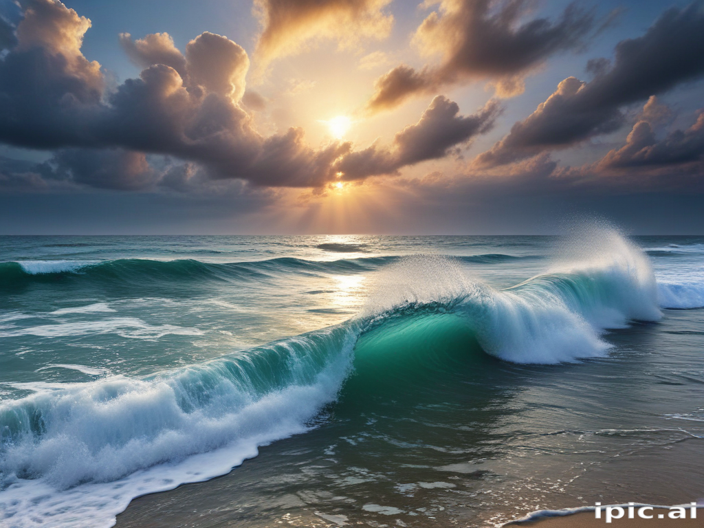 Majestic Ocean Waves Crashing on the Shore Under a Stunning Sunset