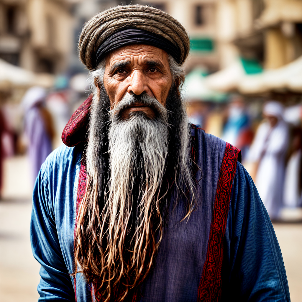 An old Arab sheikh. He has a very long beard covered in gray hair. From ...