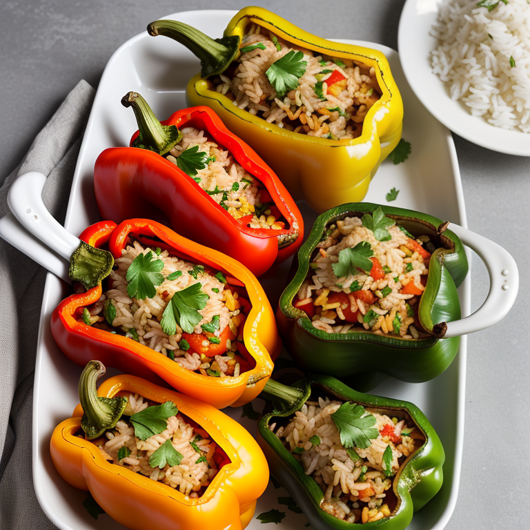 Colorful Stuffed Bell Peppers with Rice and Vegetables in a Pan.