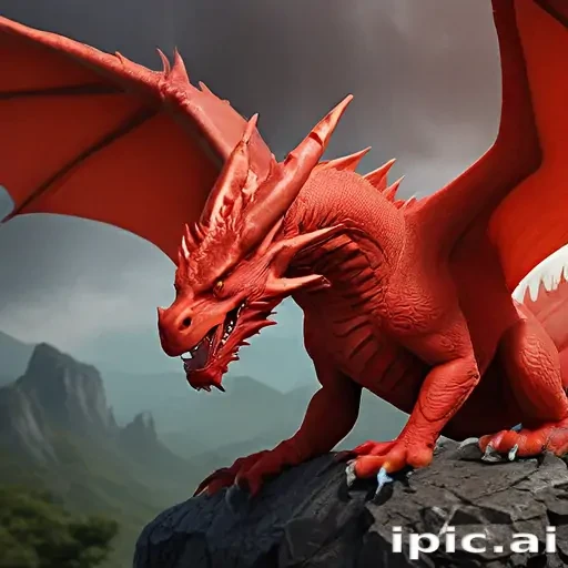 Majestic Red Dragon Roaring Vigorously atop a Rocky Mountain Peak