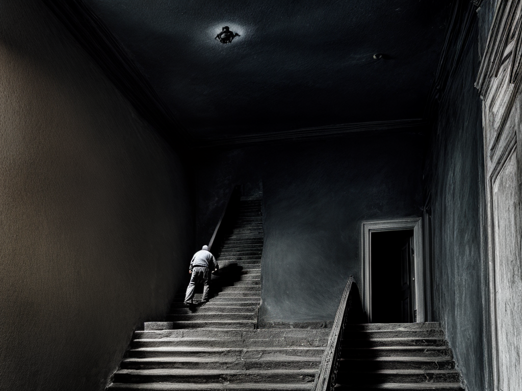 dark house, dark stairs, man climbing the dark stairs