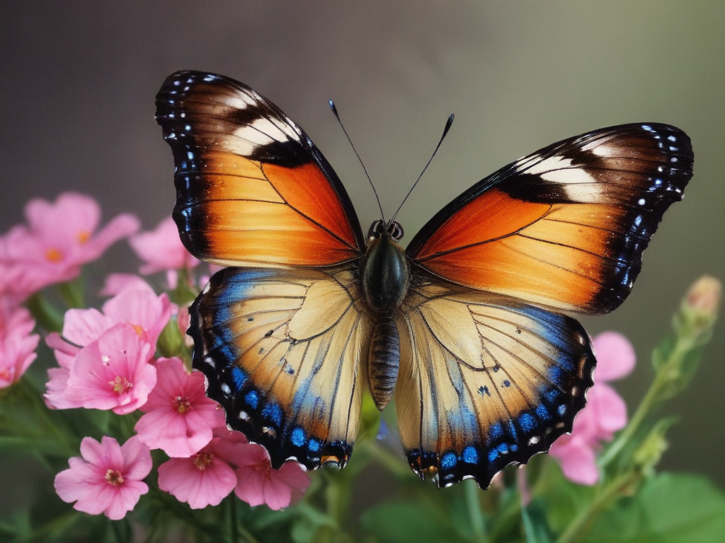 A Vibrant Butterfly Spreading Its Wings Among Delicate Pink Flowers
