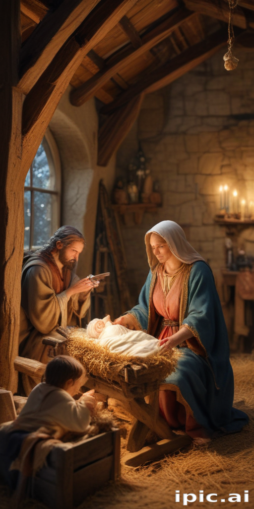 Nativity Scene: The Holy Family in a Warm, Rustic Stable Setting