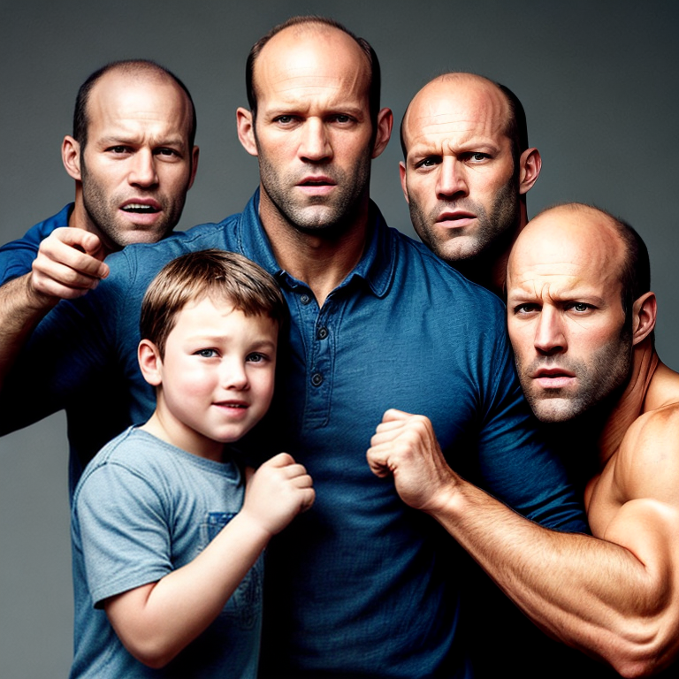 Baby with Jason Statham face and two men all with faces of Jason Statham